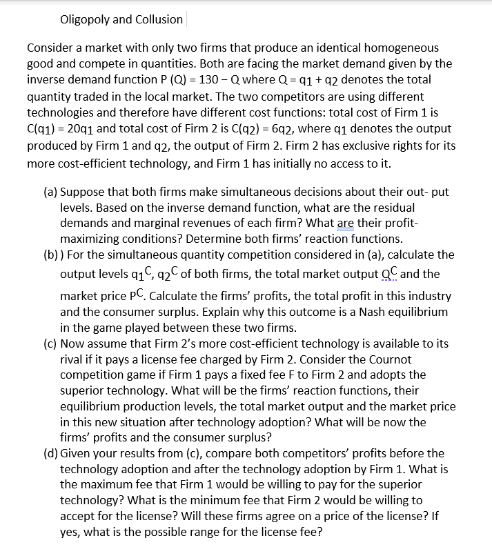 Solved Oligopoly and Collusion (35 ﻿points)Consider a market | Chegg.com