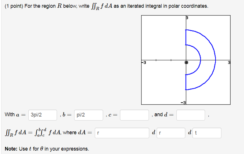 Solved (1 point) For the region R below, write fdA as an | Chegg.com