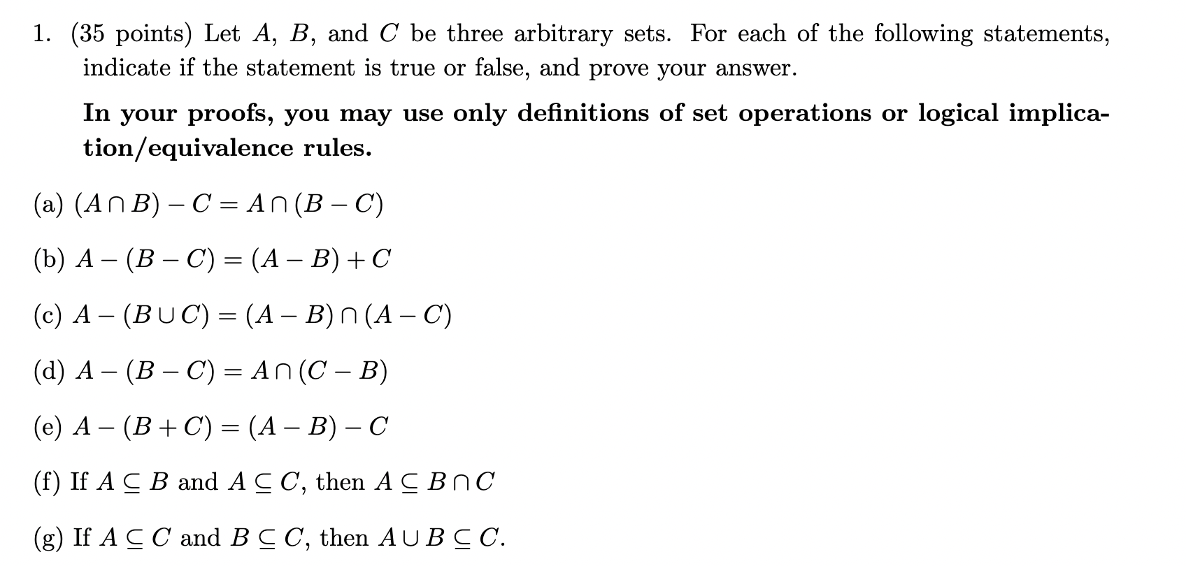 Solved 1. (35 points) Let A,B, and C be three arbitrary | Chegg.com