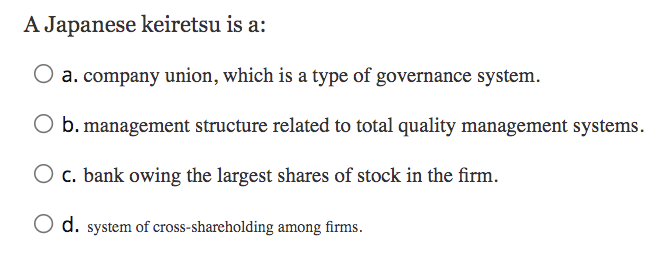 Solved A Japanese keiretsu is a: O a. company union, which | Chegg.com