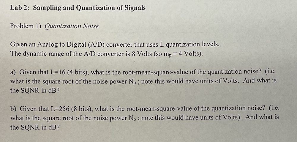 Solved Lab 2 Sampling And Quantization Of Signals Problem