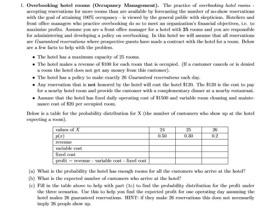 Solved 1. Overbooking hotel rooms (Occupancy Management). | Chegg.com