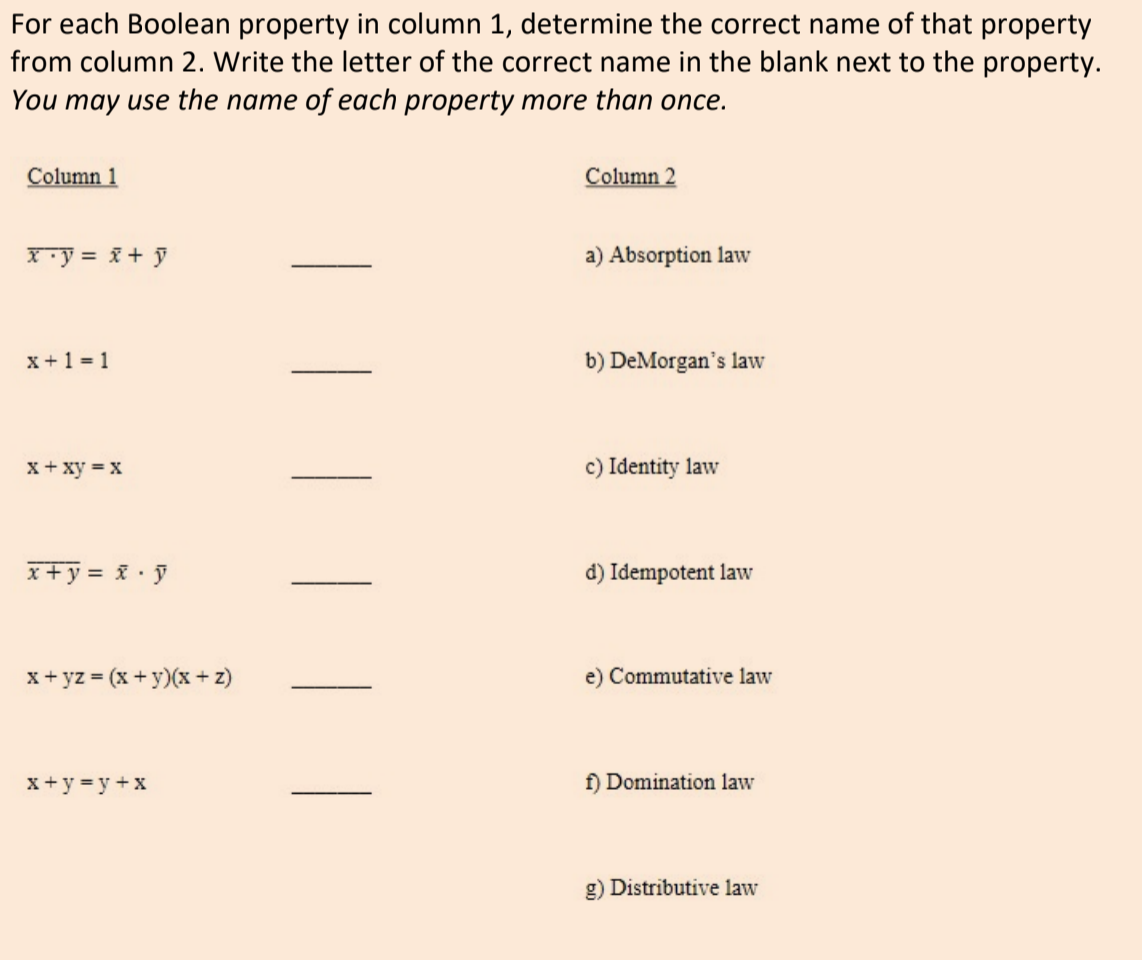Solved For each Boolean property in column 1, determine the | Chegg.com