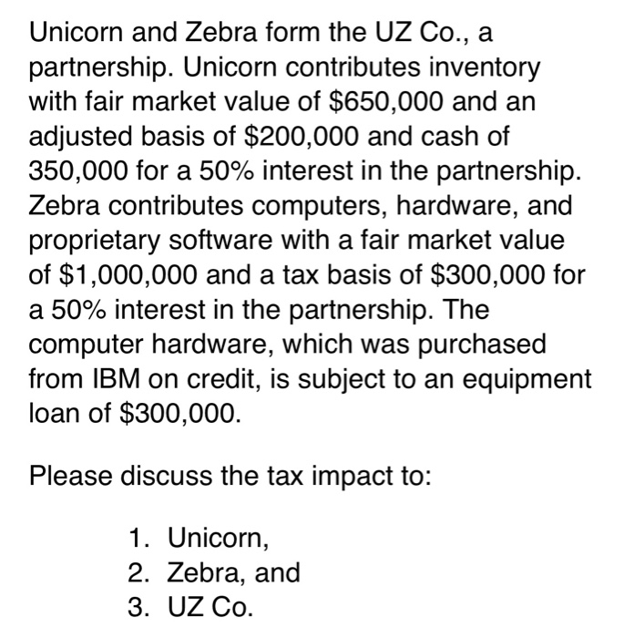 Solved Unicorn and Zebra form the UZ Co., a partnership. | Chegg.com