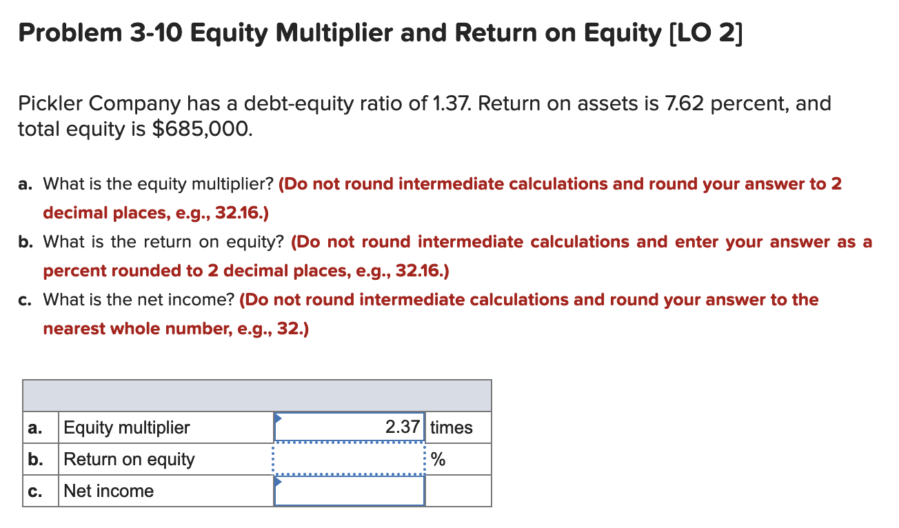 Solved Problem 3-10 Equity Multiplier and Return on Equity | Chegg.com
