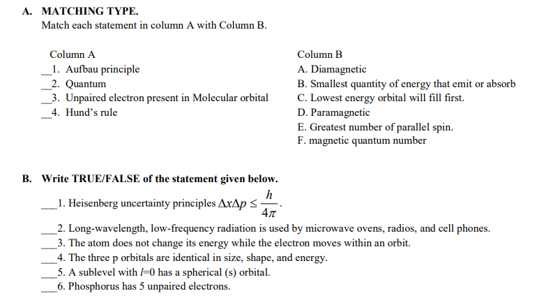 Solved A. MATCHING TYPE. Match each statement in column A | Chegg.com