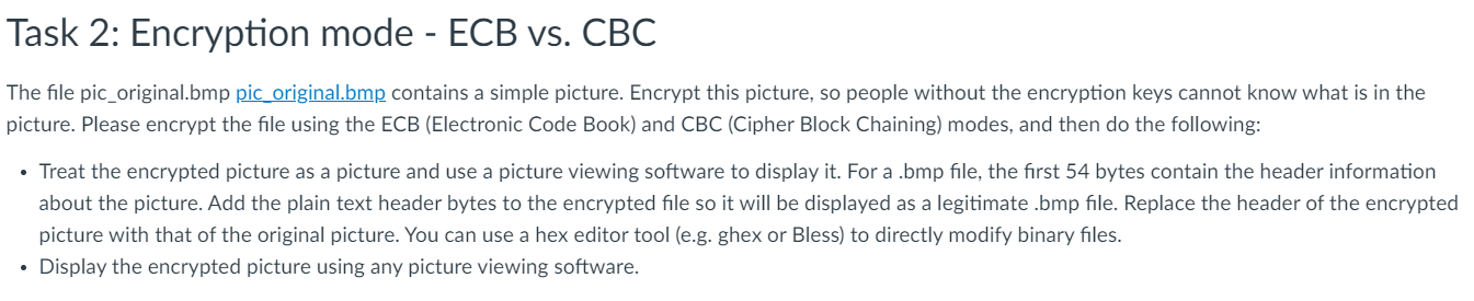 Task 2: Encryption mode - ECB vs. CBC The file | Chegg.com