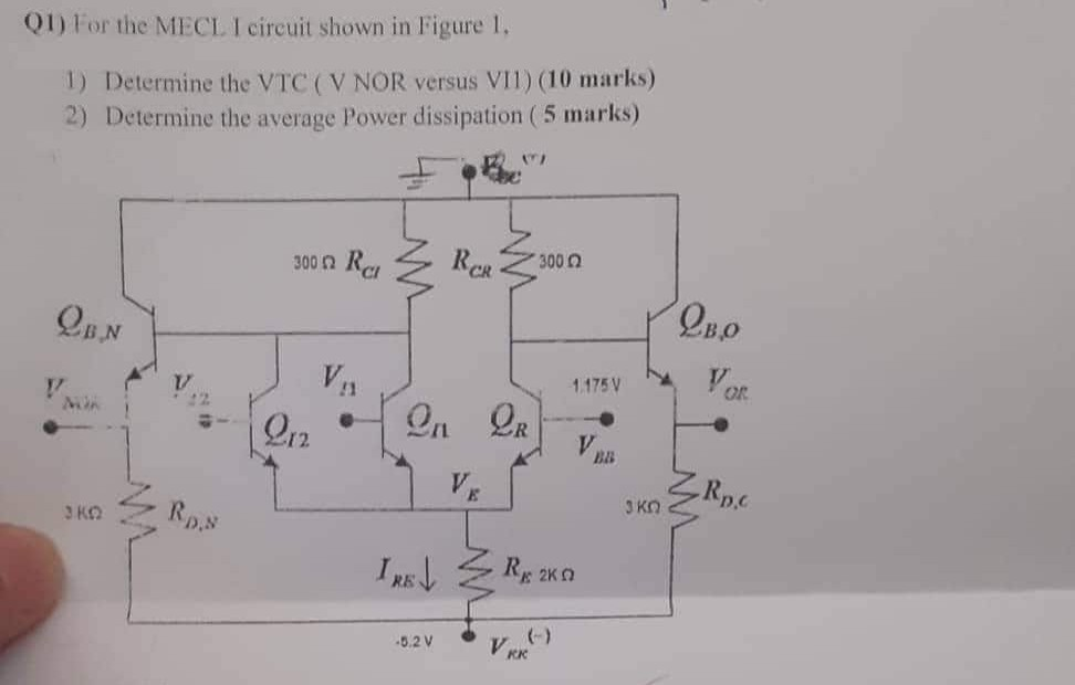 Q1) For the MECL I circuit shown in Figure 1. 1) | Chegg.com