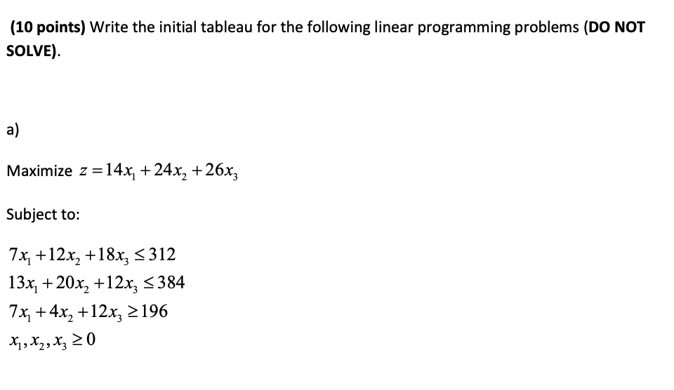 Solved (10 points) Write the initial tableau for the | Chegg.com