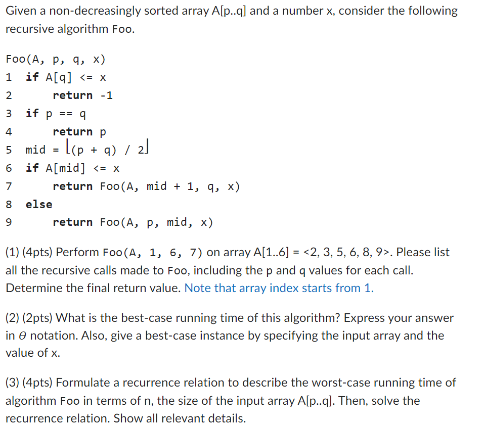 Solved Given a non-decreasingly sorted array A[p..q] and a | Chegg.com