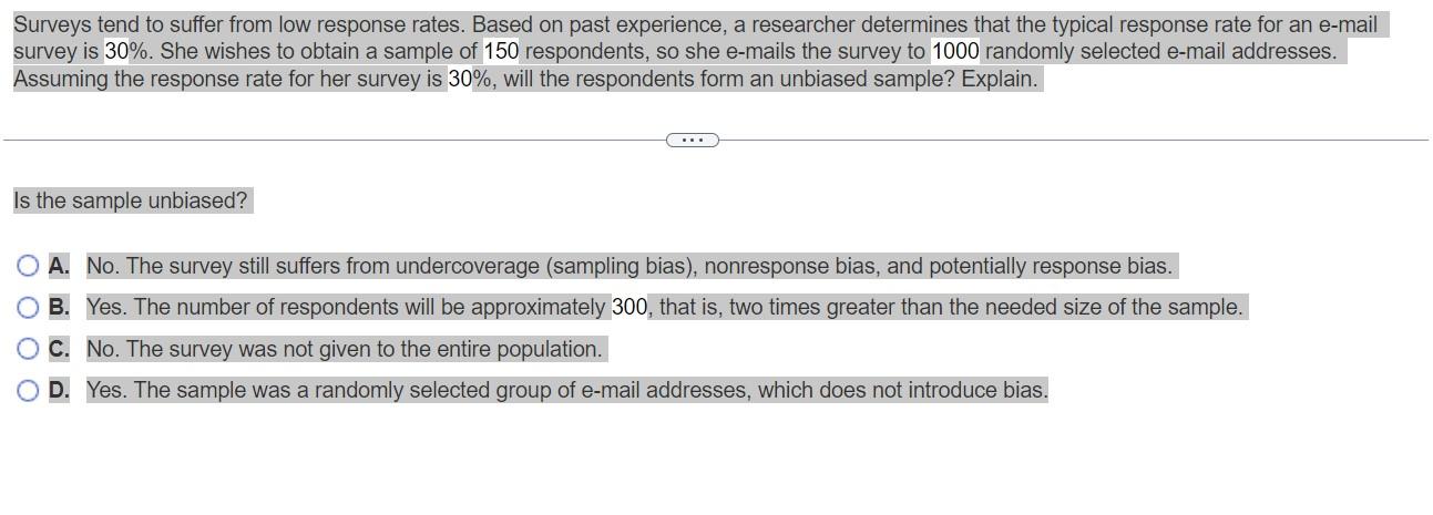 Solved Surveys tend to suffer from low response rates. Based | Chegg.com