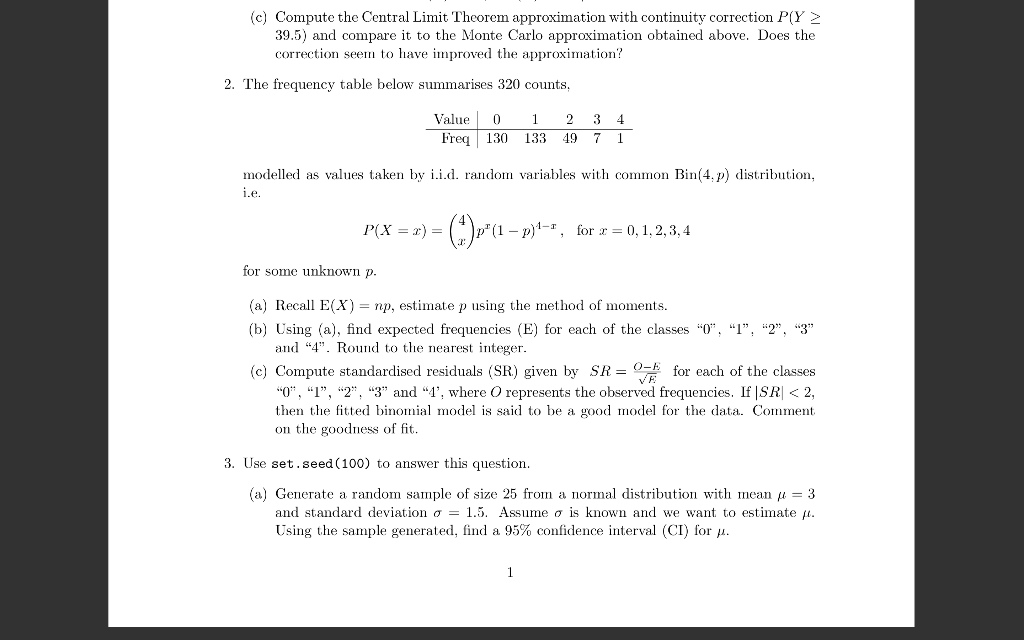 Solved (c) Compute the Central Limit Theorem approximation | Chegg.com