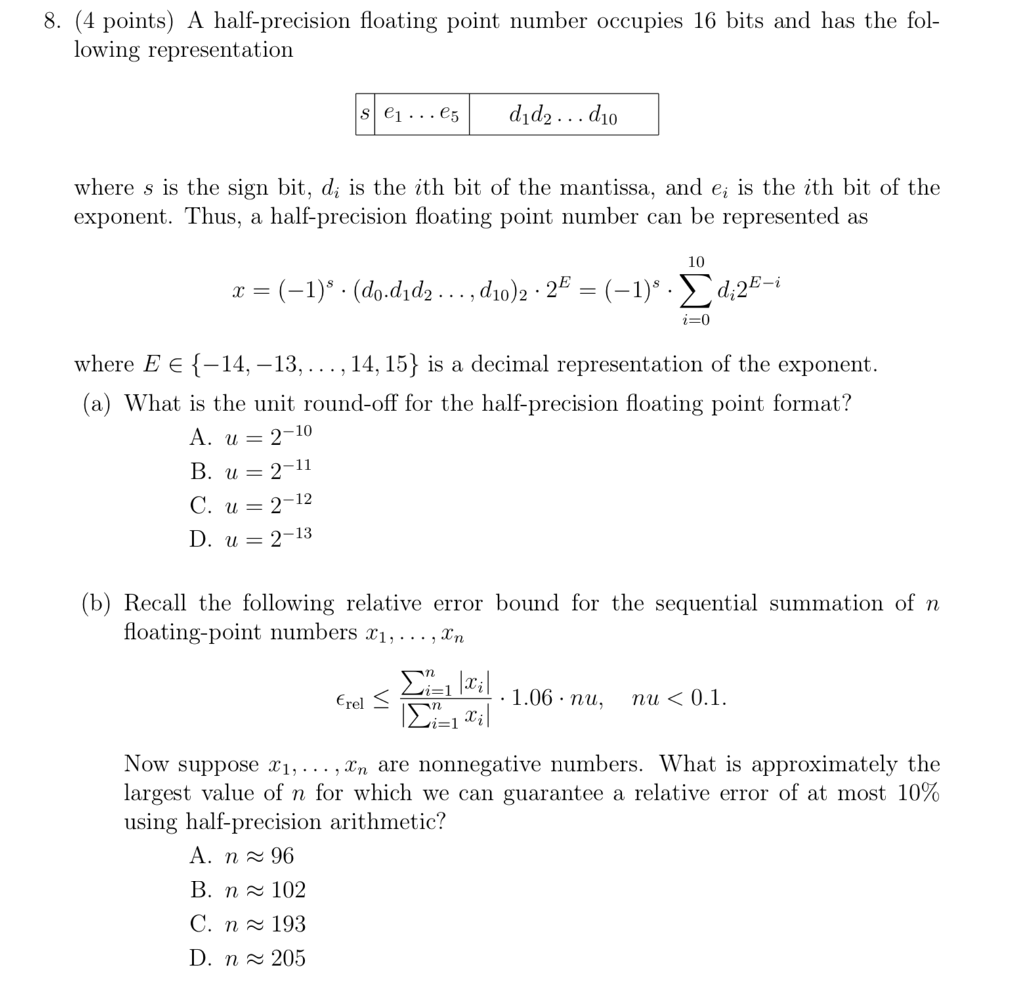 8. (4 points) A half-precision floating point number | Chegg.com