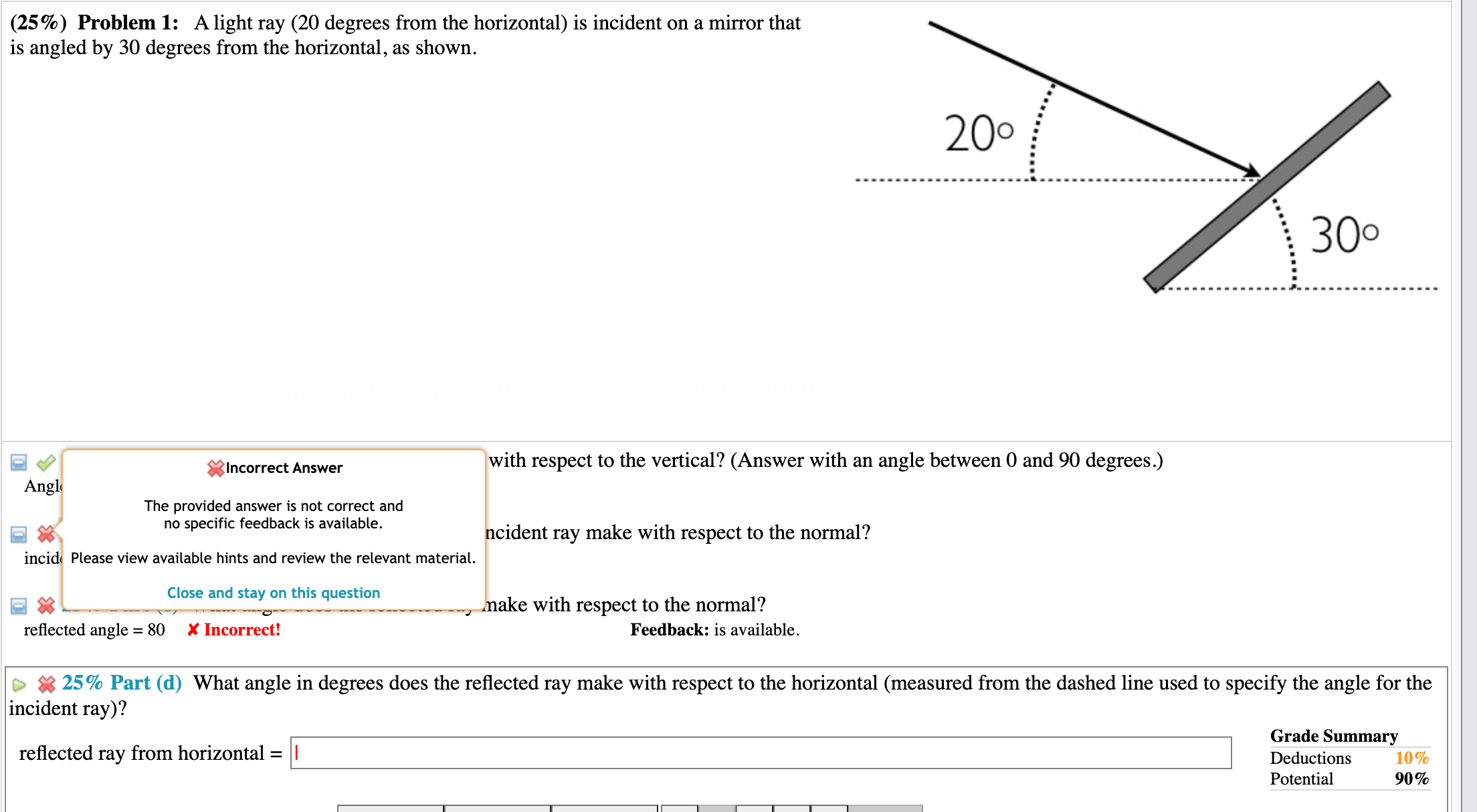 Solved (25\%) Problem 1: A light ray (20 degrees from the | Chegg.com