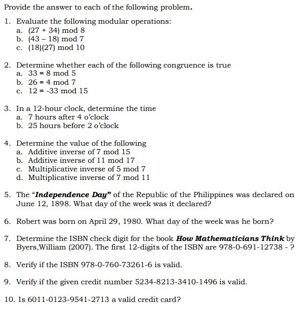 Solved 1. Evaluate the following modular operations: a. | Chegg.com
