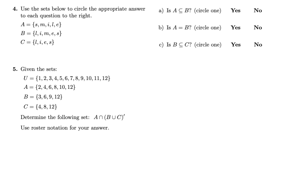 Solved 4. Use the sets below to circle the appropriate | Chegg.com
