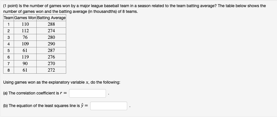 Solved (1 point) is the number of games won by a major | Chegg.com