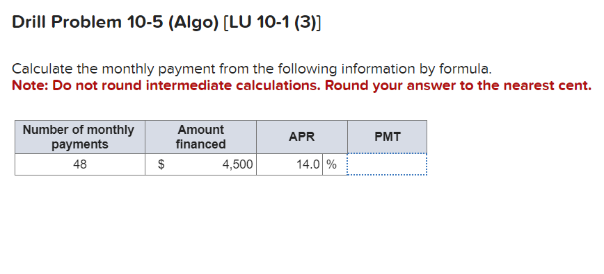Solved Calculate the monthly payment from the following | Chegg.com
