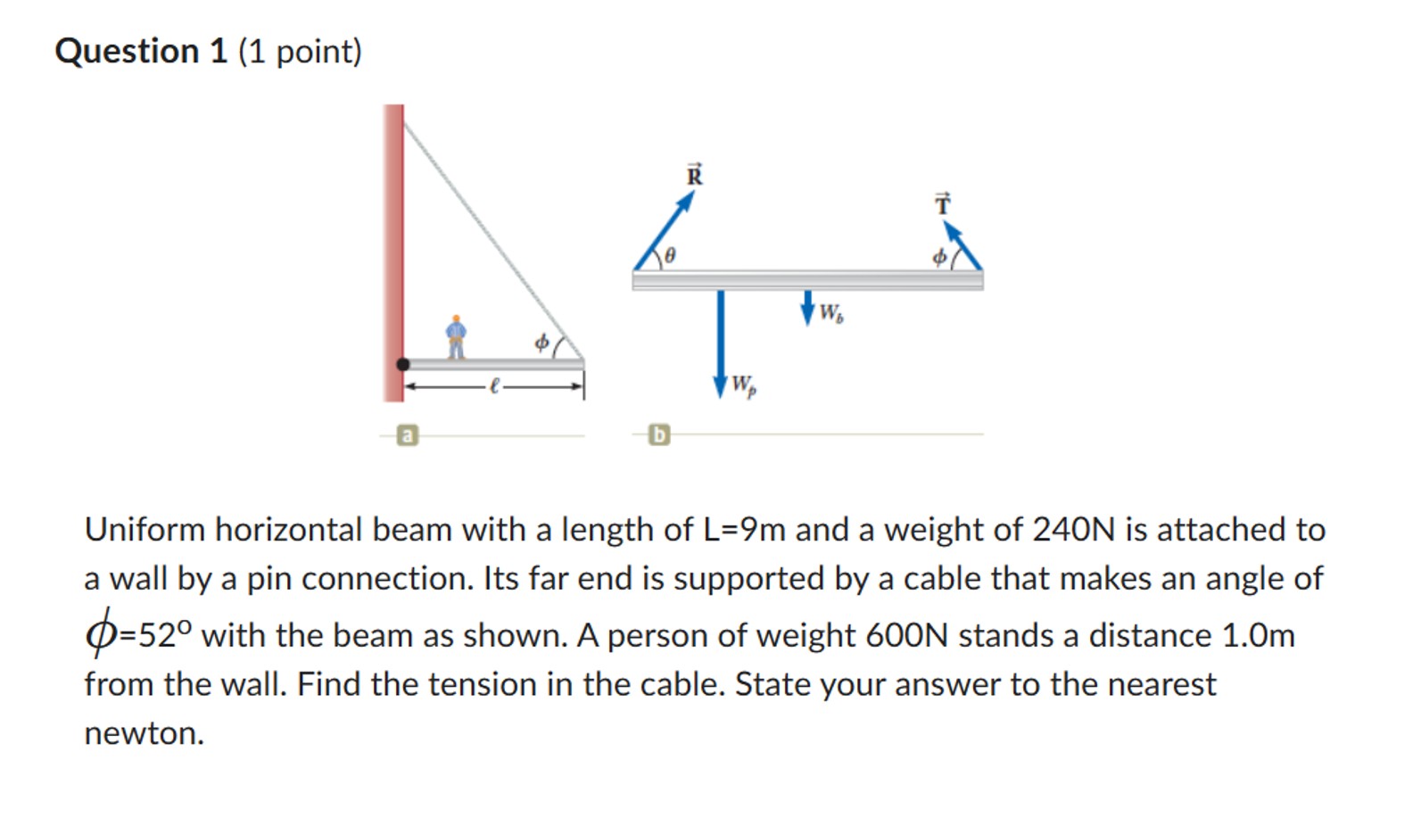 Solved Question 1 (1 ﻿point)Uniform horizontal beam with a | Chegg.com