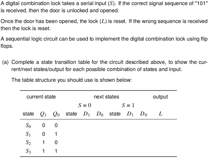 Solved A digital combination lock takes a serial input (S). | Chegg.com