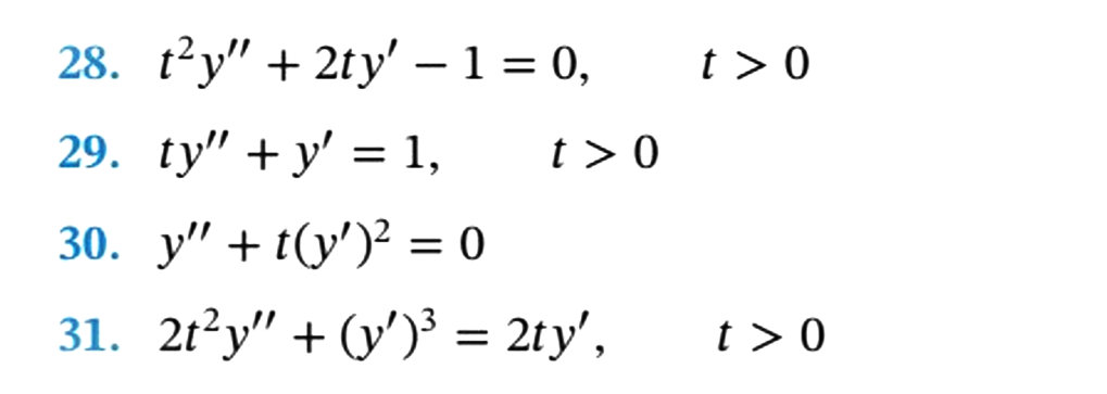 28. t2y′′+2ty′−1=0, 29. ty′′+y′=1, 30. y′′+t(y′)2=0 | Chegg.com
