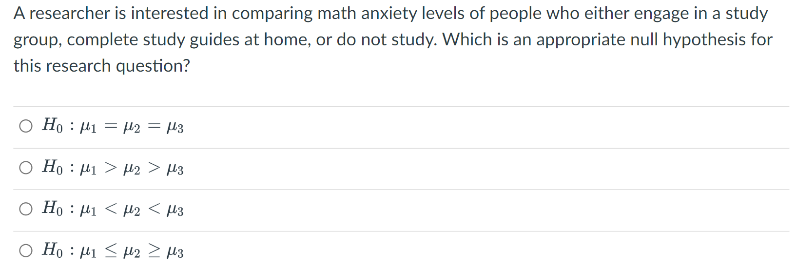 Solved A researcher is interested in comparing math anxiety | Chegg.com