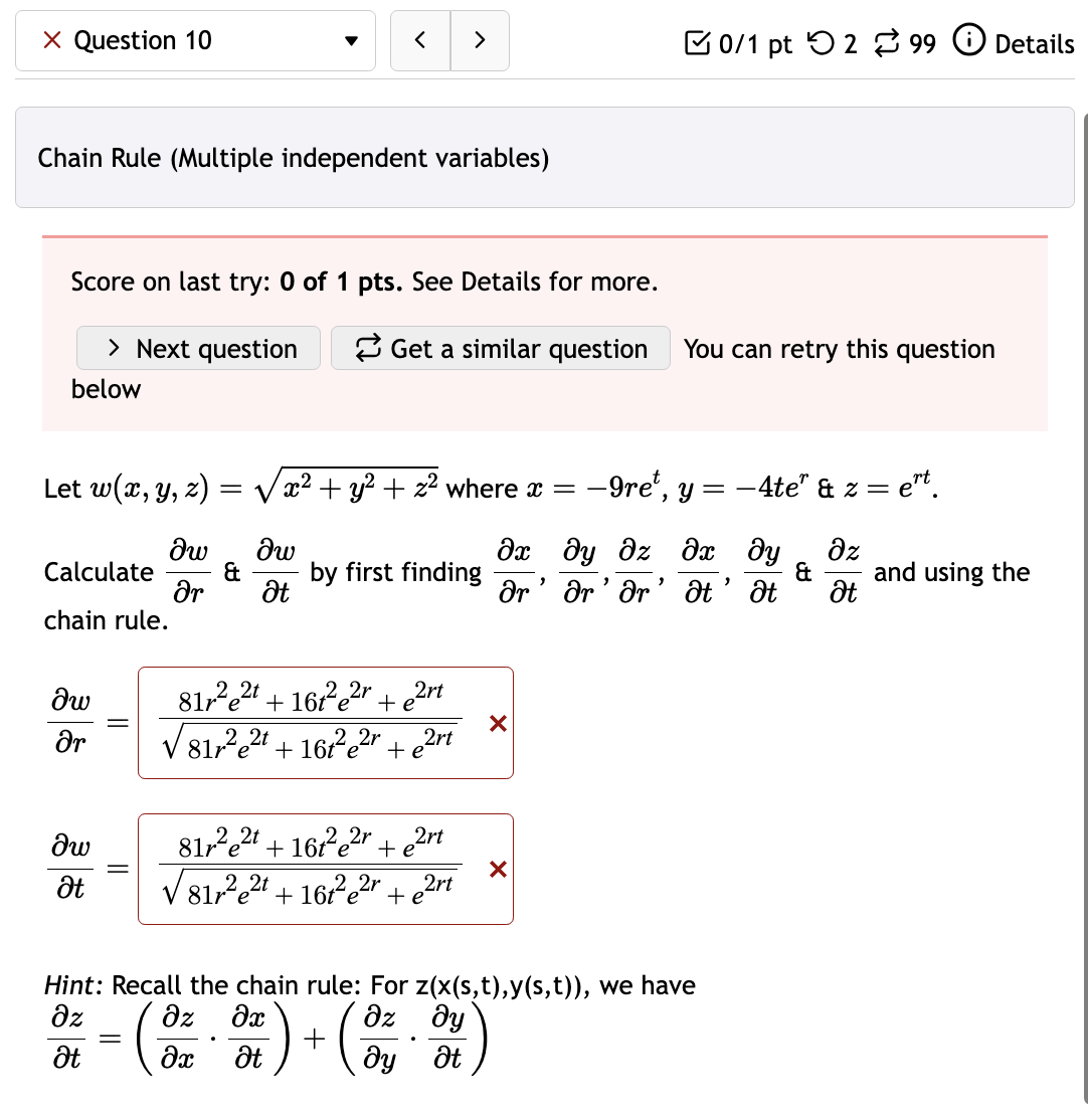 Solved Chain Rule (Multiple independent variables) Score on | Chegg.com