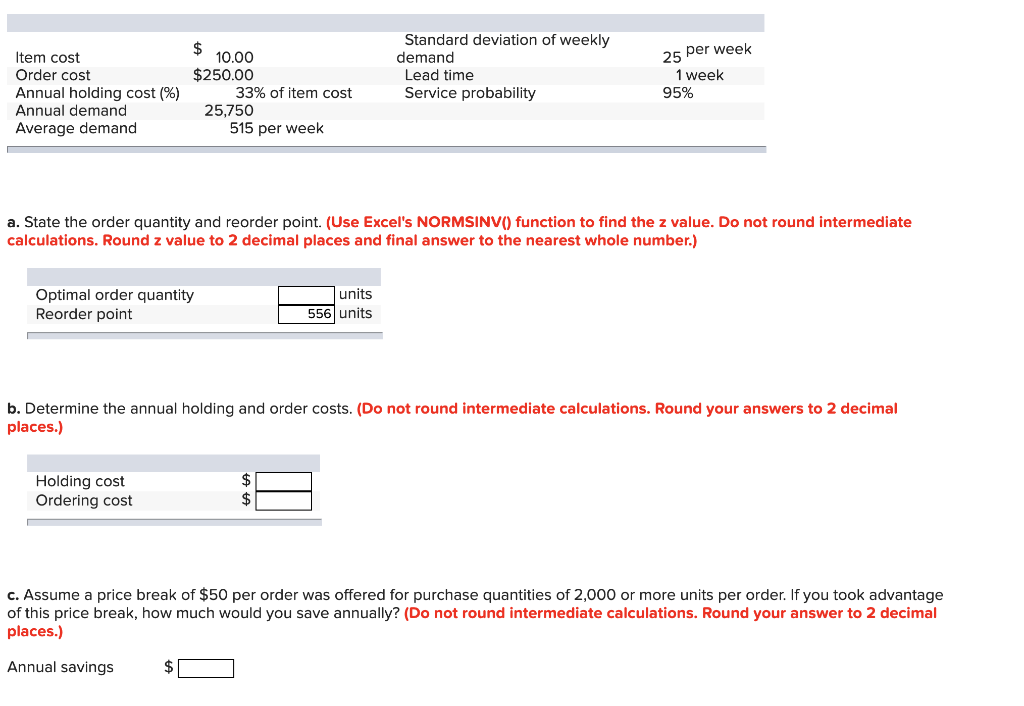 Solved a. State the order quantity and reorder point. (Use | Chegg.com