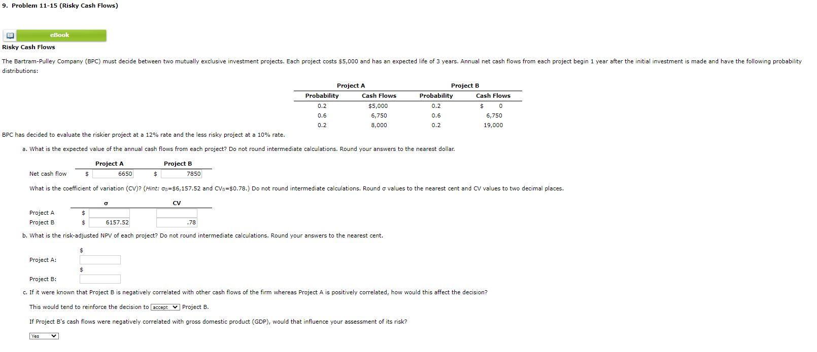 Solved 9. Problem 11-15 (Risky Cash Flows) Risky Cash Flows | Chegg.com