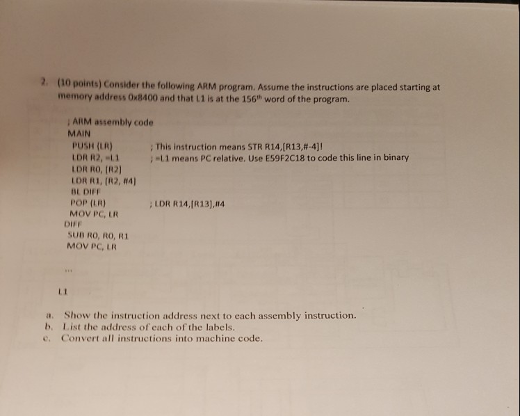 2. (10 points) Consider the following ARM program. | Chegg.com