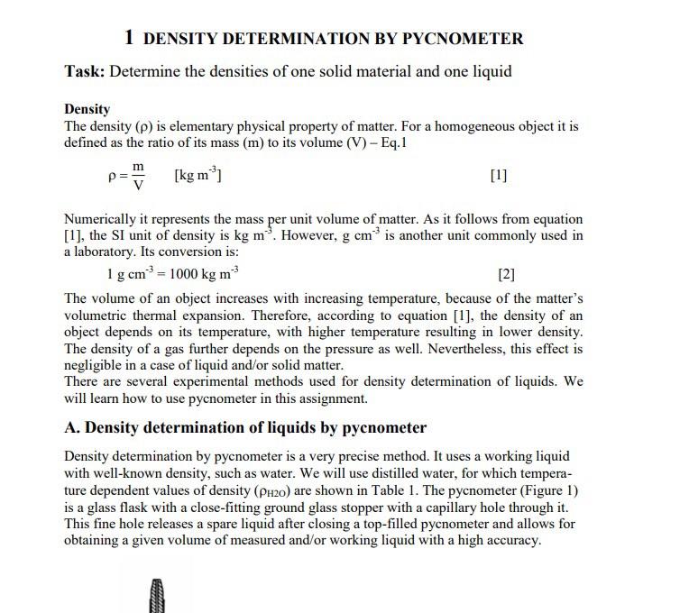Solved 1 DENSITY DETERMINATION BY PYCNOMETER Task: Determine | Chegg.com