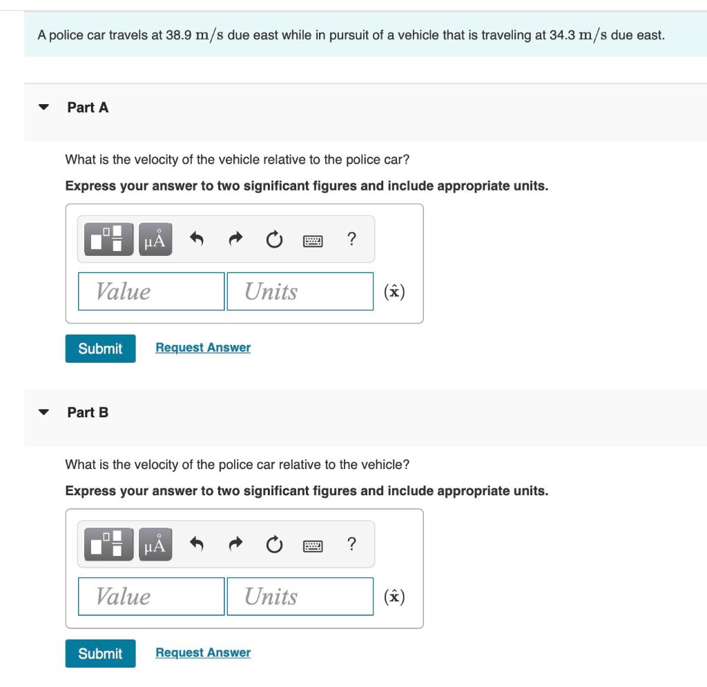 Solved A police car travels at 38.9 m/s due east while in | Chegg.com