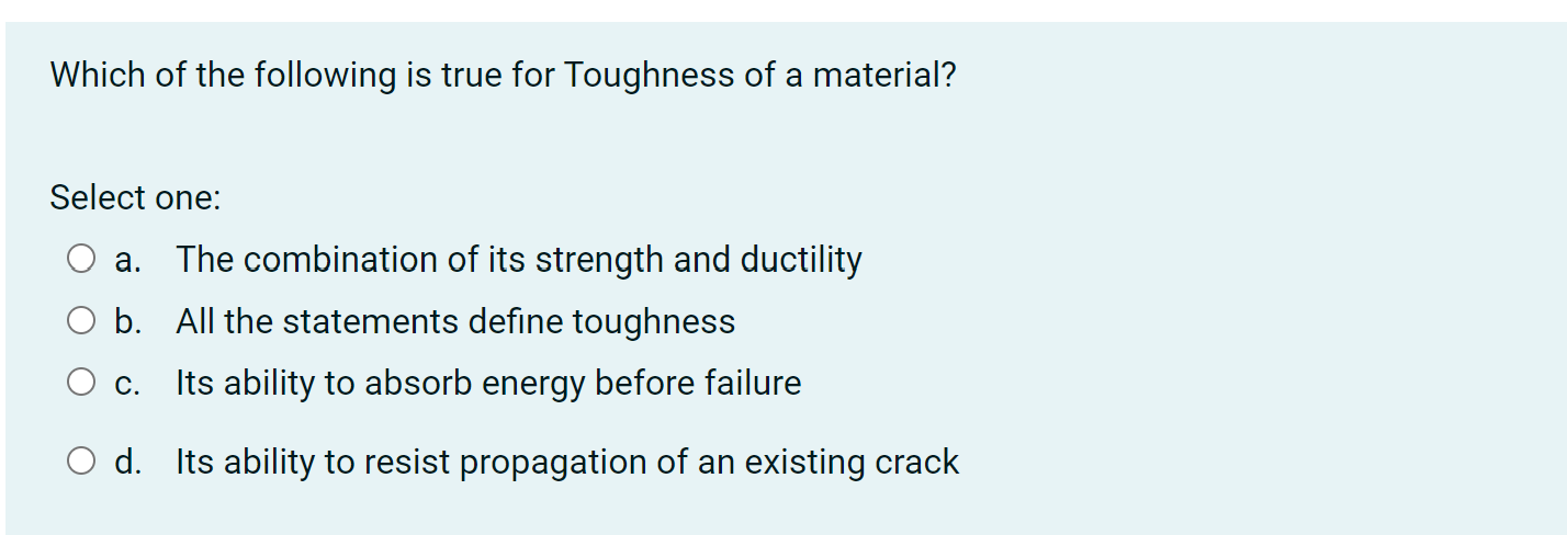 Solved Which of the following is true for Toughness of a | Chegg.com