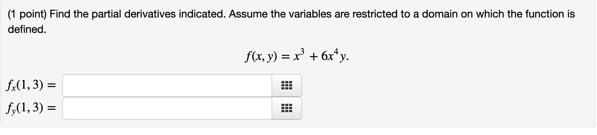Solved (1 ﻿point) ﻿Find the partial derivatives indicated. | Chegg.com