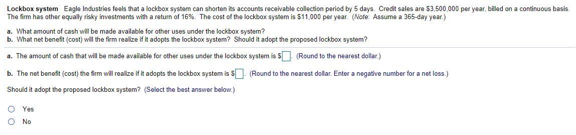Solved Lockbox system Eagle Industries feels that a lockbox | Chegg.com
