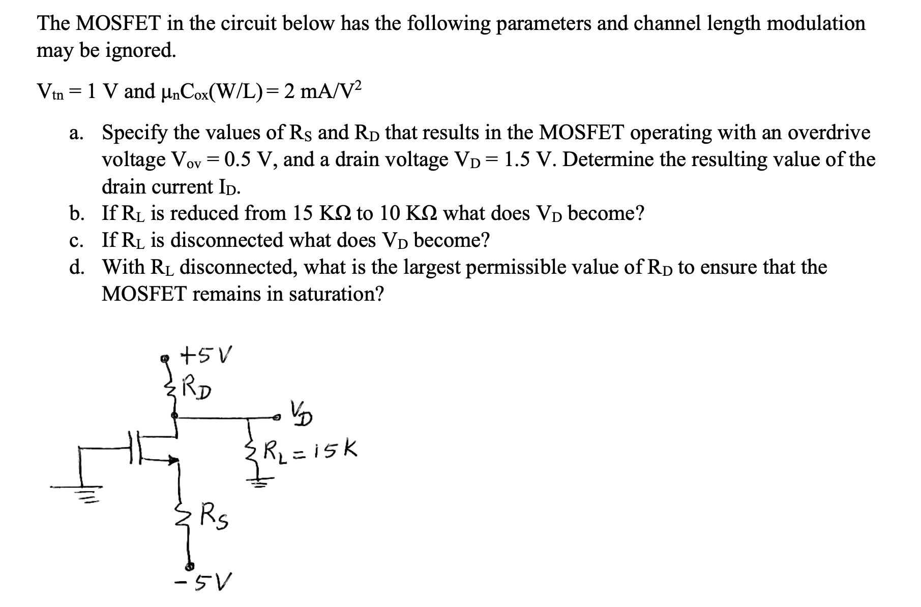 Solved The MOSFET in the circuit below has the following | Chegg.com