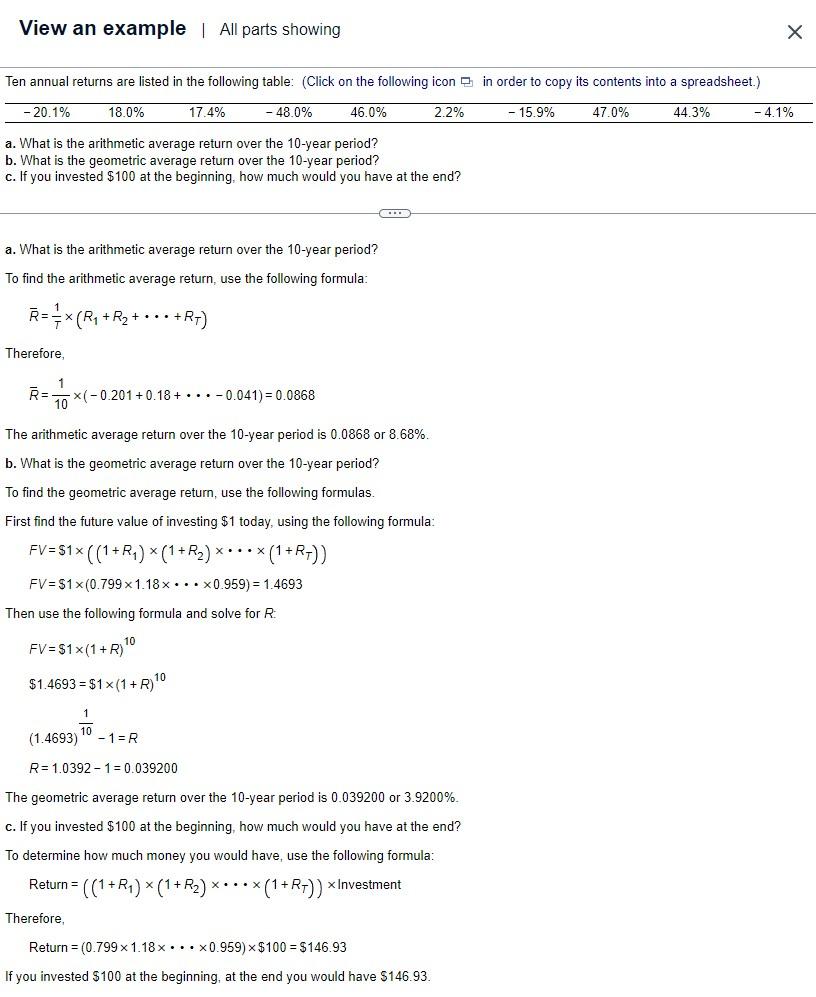 Solved a. What is the arithmetic average return over the 10 | Chegg.com