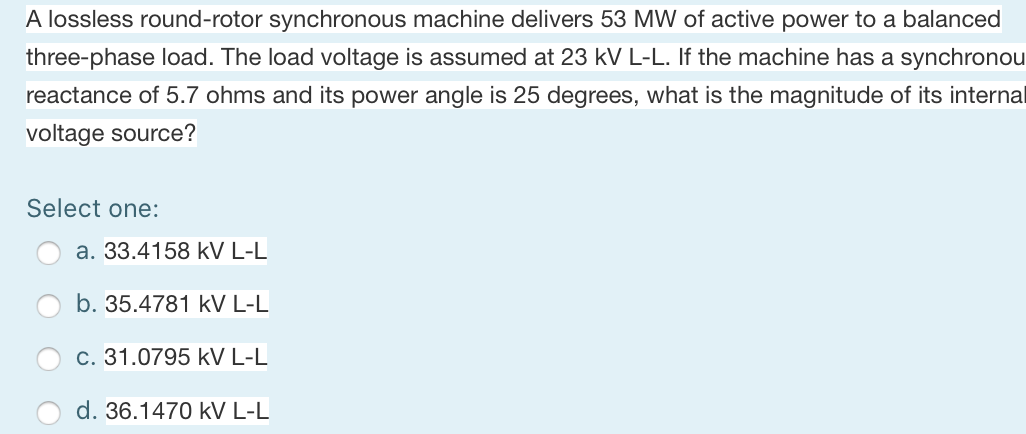 Solved A lossless round-rotor synchronous machine delivers | Chegg.com