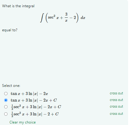 Solved What is the integral∫﻿﻿(sec2x+3x-2)dxequal to?Select | Chegg.com