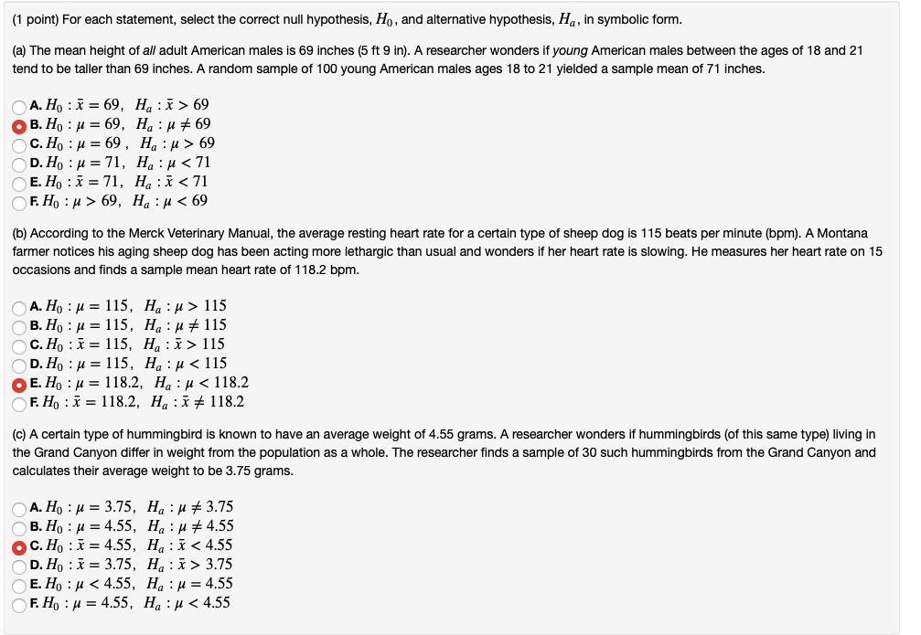 Solved (1 point) For each statement, select the correct null | Chegg.com