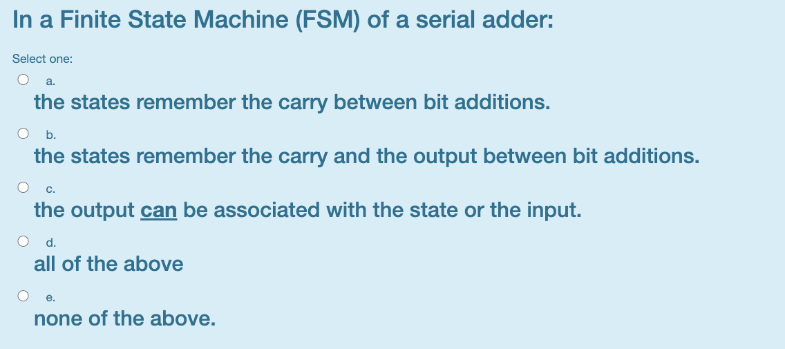 Solved In a Finite State Machine (FSM) of a serial adder: | Chegg.com