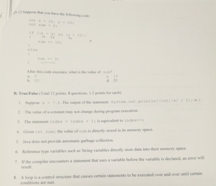 Solved 12 Suppose that you have the following code | Chegg.com
