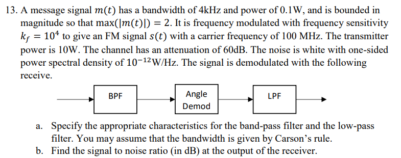 Solved A message signal m(t) ﻿has a bandwidth of 4 ﻿kHz and | Chegg.com