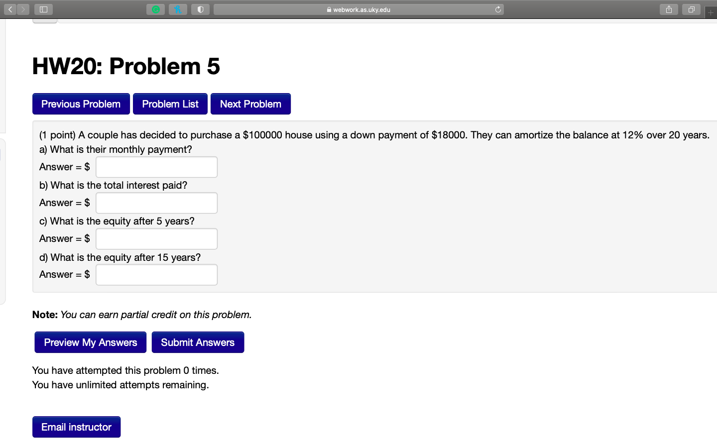 Solved 0 webwork.as.uky.edu HW20: Problem 5 Previous Problem | Chegg.com
