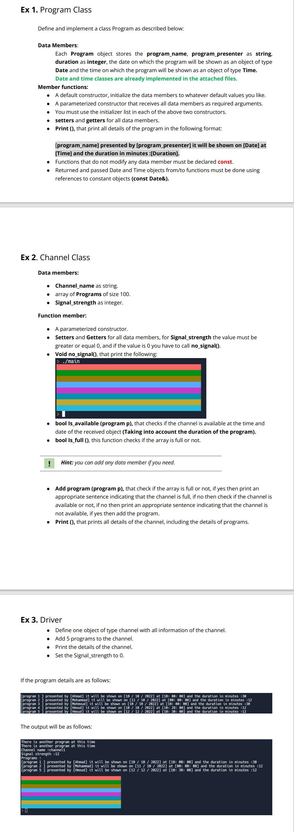 Solved Ex 1. Program Class Define and implement a class | Chegg.com Solved Ex 1. Program Class Define and implement a class | Chegg.com