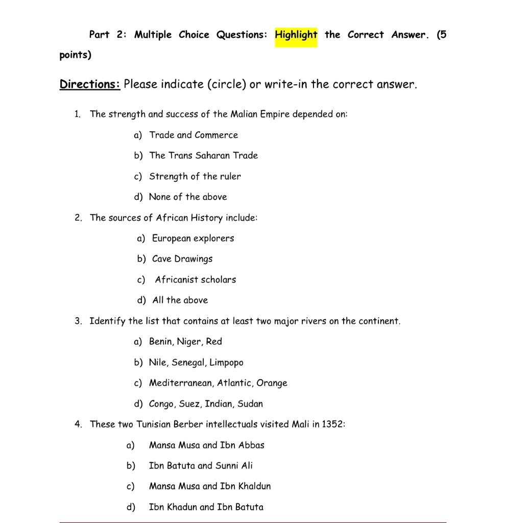 Part 2: Multiple Choice Questions: Highlight the | Chegg.com