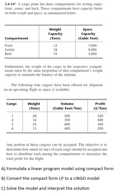 Solved 3.4-14 A cargo plane has three compartments for | Chegg.com