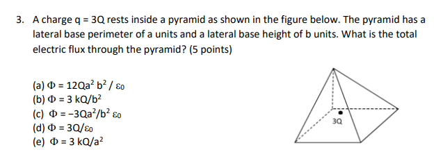 Solved 3. A charge q = 3Q rests inside a pyramid as shown in | Chegg.com