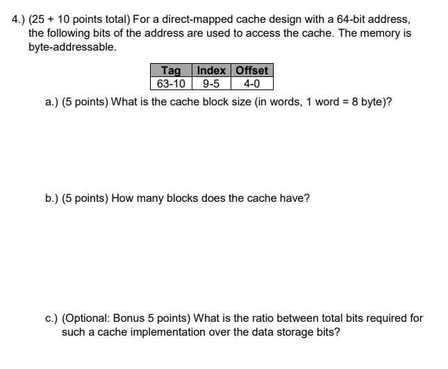 Solved (25+10 points total) For a direct-mapped cache design | Chegg.com