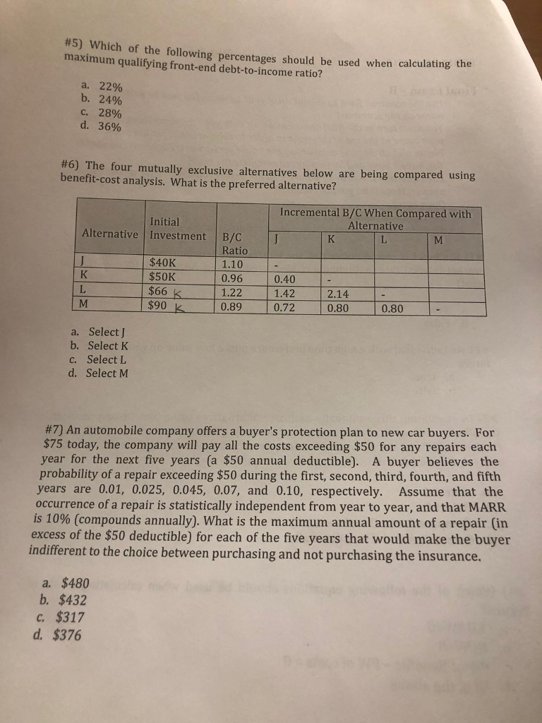 Solved #5) whi maximum qualifying front-end debt-to-income | Chegg.com
